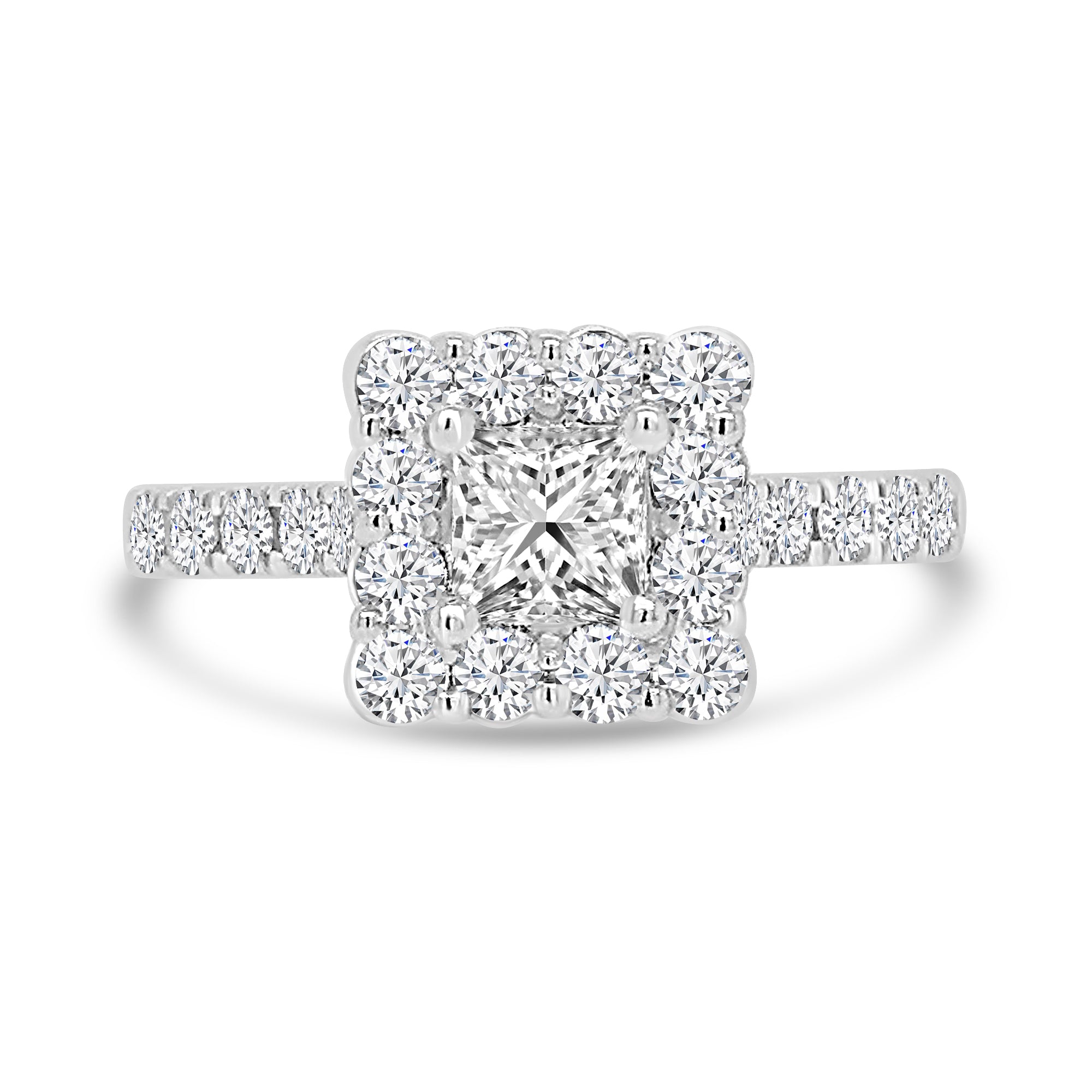 Platinum Princess, Halo & Diamond Detail Shoulder Set Ring, 1.25ct ...