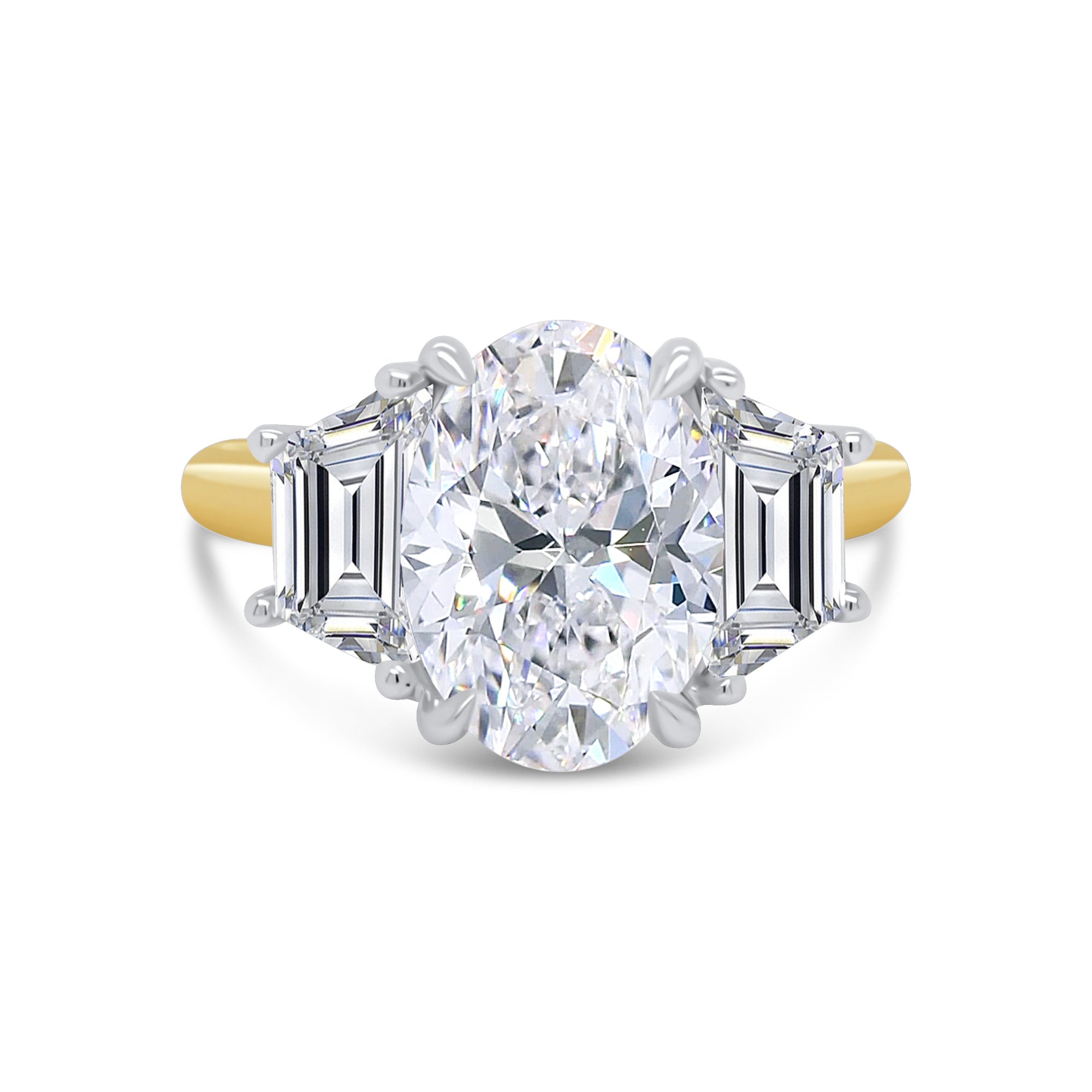 Laboratory Grown, Oval & Trapezium Cut Three Stone, 18ct Yellow Gold ...