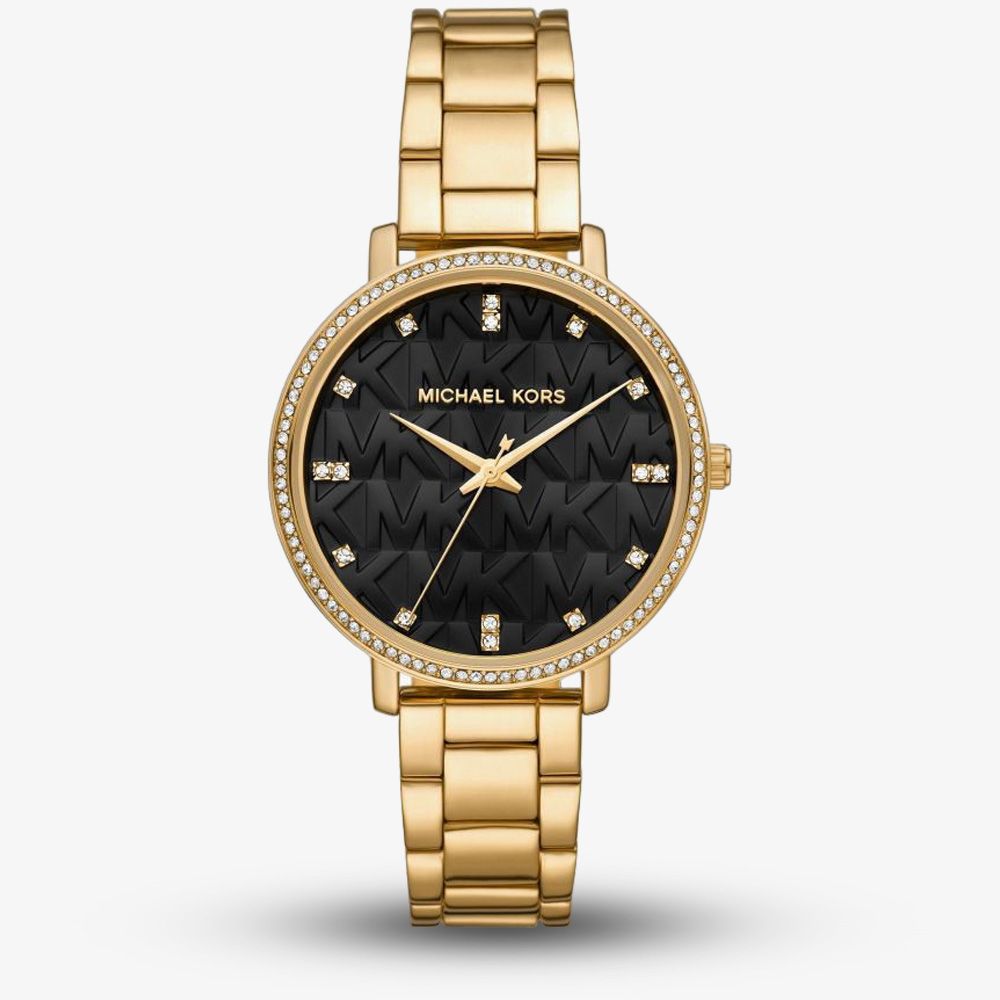 Michael Kors 39mm Ladies Pyper Black Dial Gold-Tone Stainless Steel ...