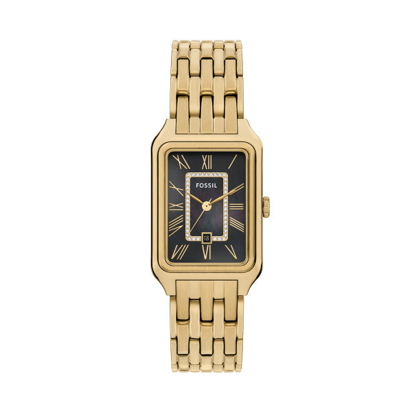 Fossil Ladies 26mm Raquel Three-Hand Date Gold Tone Black Dial ...